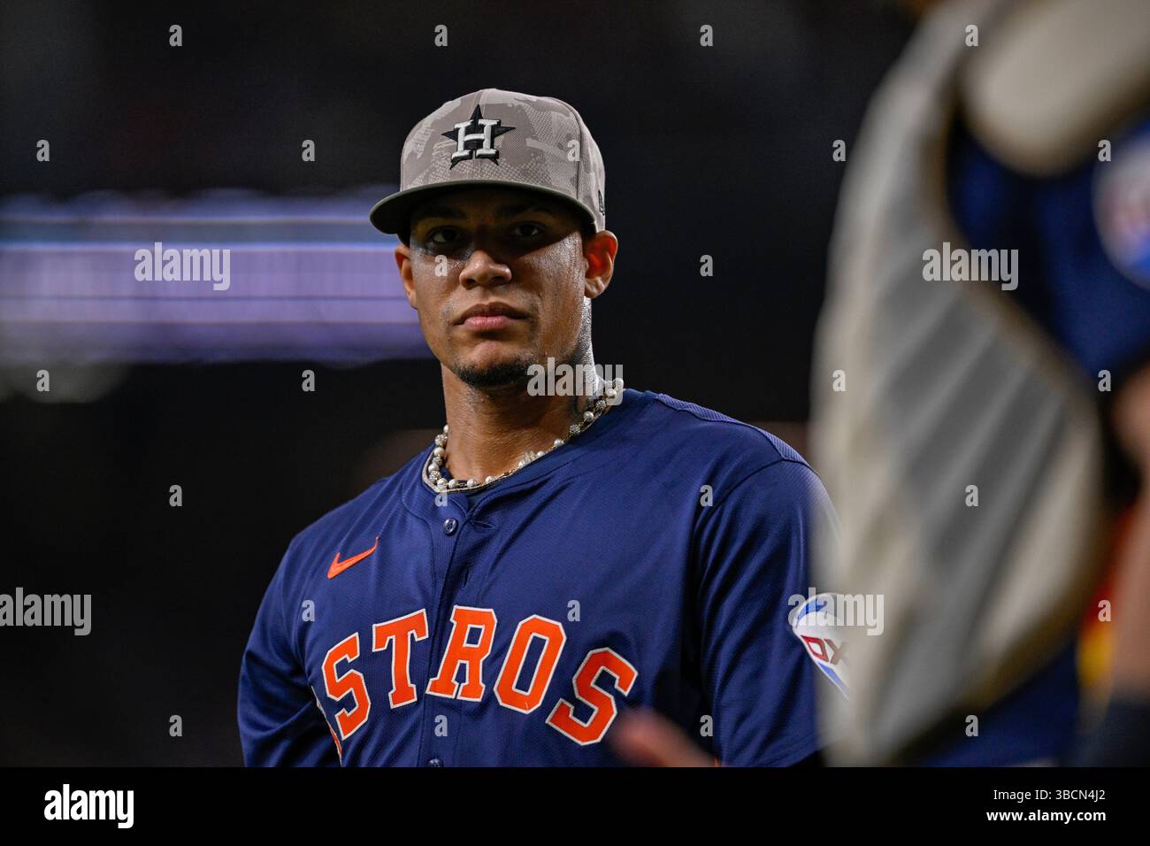 Houston Astros relief pitcher Bryan Abreu comes off the field during a ...