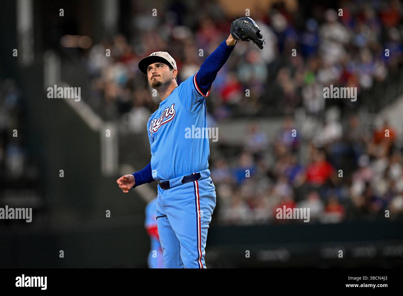 Texas Rangers relief pitcher Luke Jackson throws to the Houston Astros ...