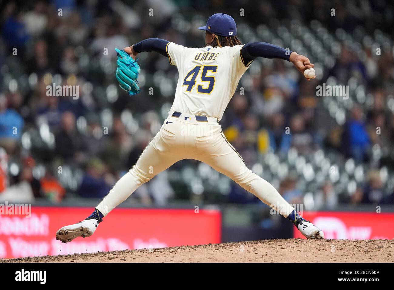 Milwaukee Brewers' Abner Uribe pitches during the ninth inning of a ...