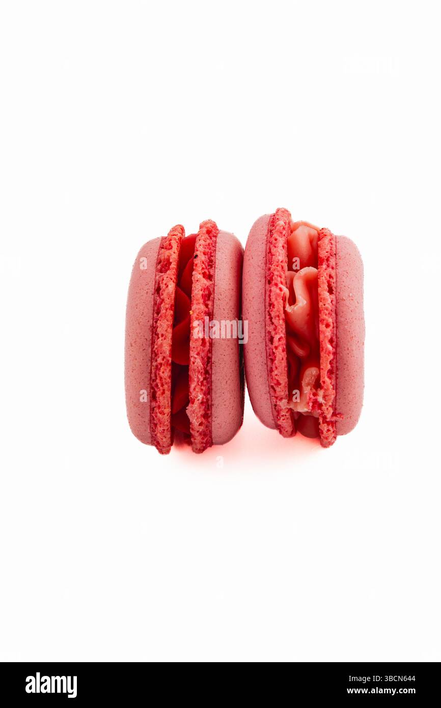 Two beautiful pink macarons are perfectly arranged side by side ...