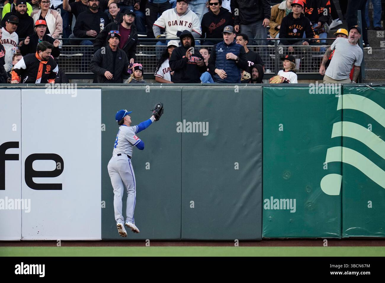 Kansas City Royals left fielder Cavan Biggio catches a fly ball hit by ...