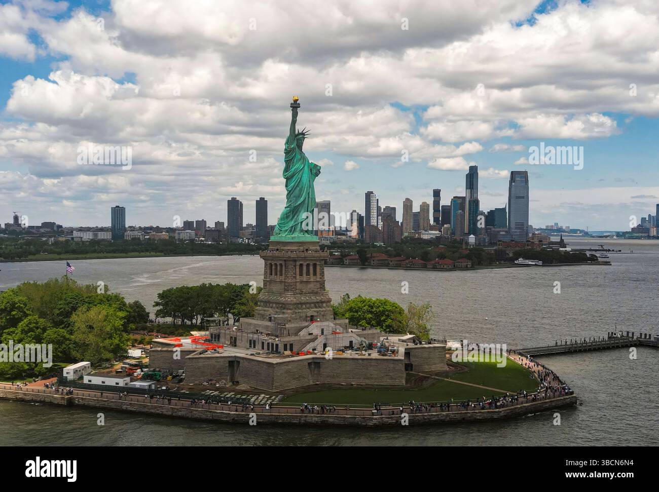 New York City with statue of liberty photo from drone. Aerial view of ...