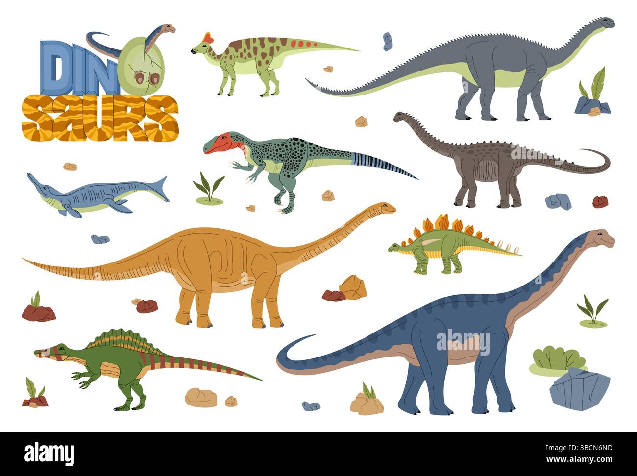Cartoon dinosaur and dino animals characters with prehistoric jungle ...
