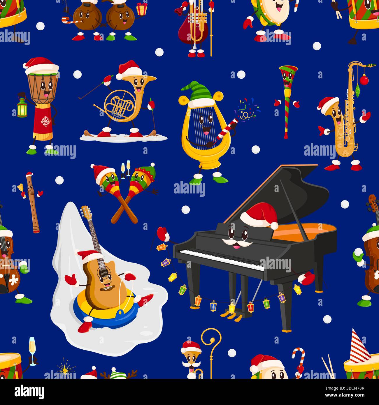 Christmas musical instrument characters seamless pattern. Cartoon ...