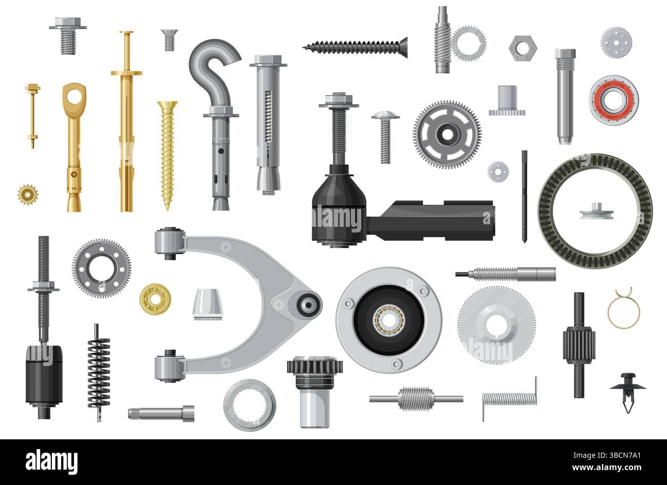 Spare parts and fasteners, bolts and screws, construction fittings and metal hardware, realistic ...