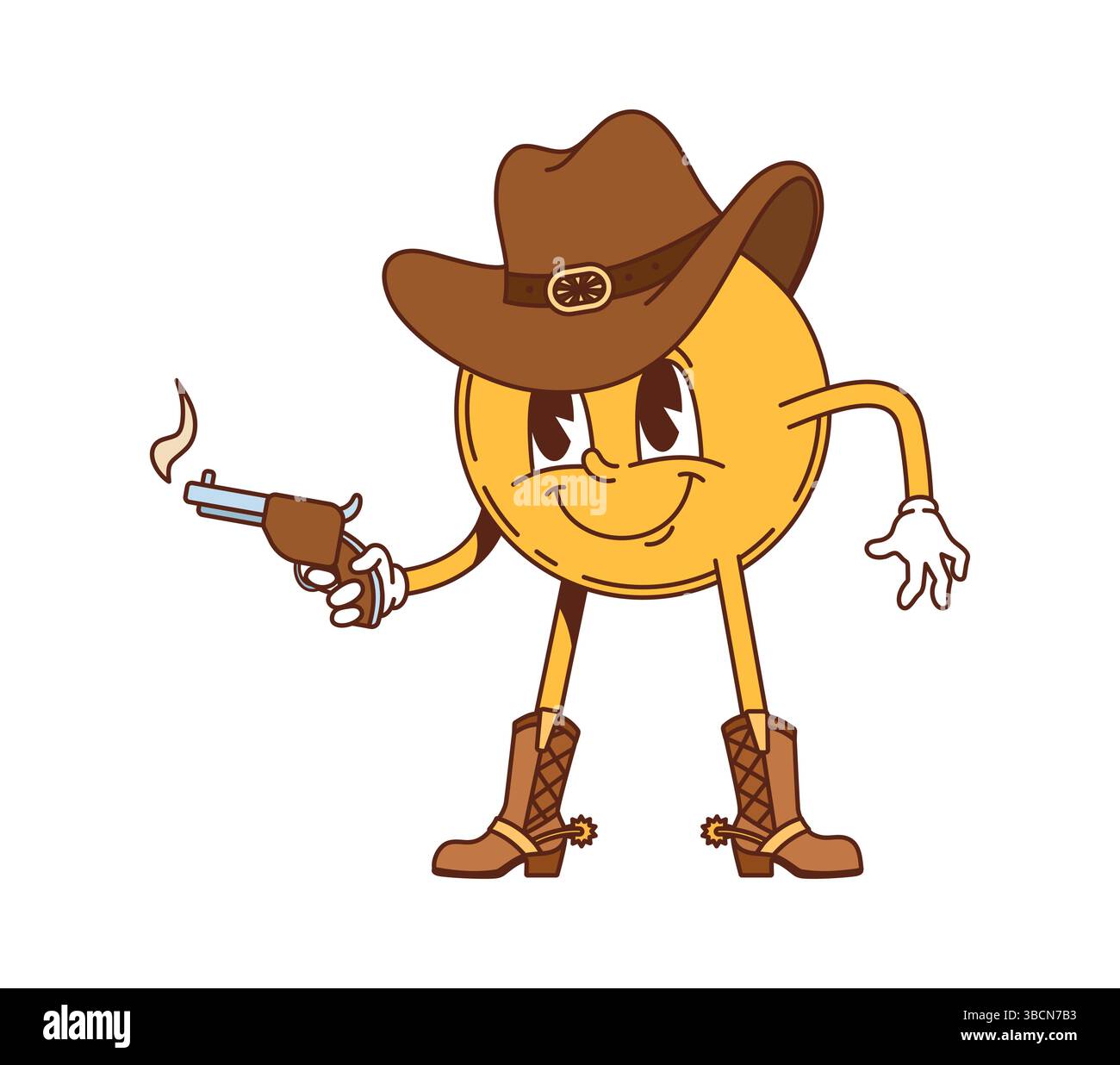 Cartoon groovy wild west cowboy yellow smile character holding a ...