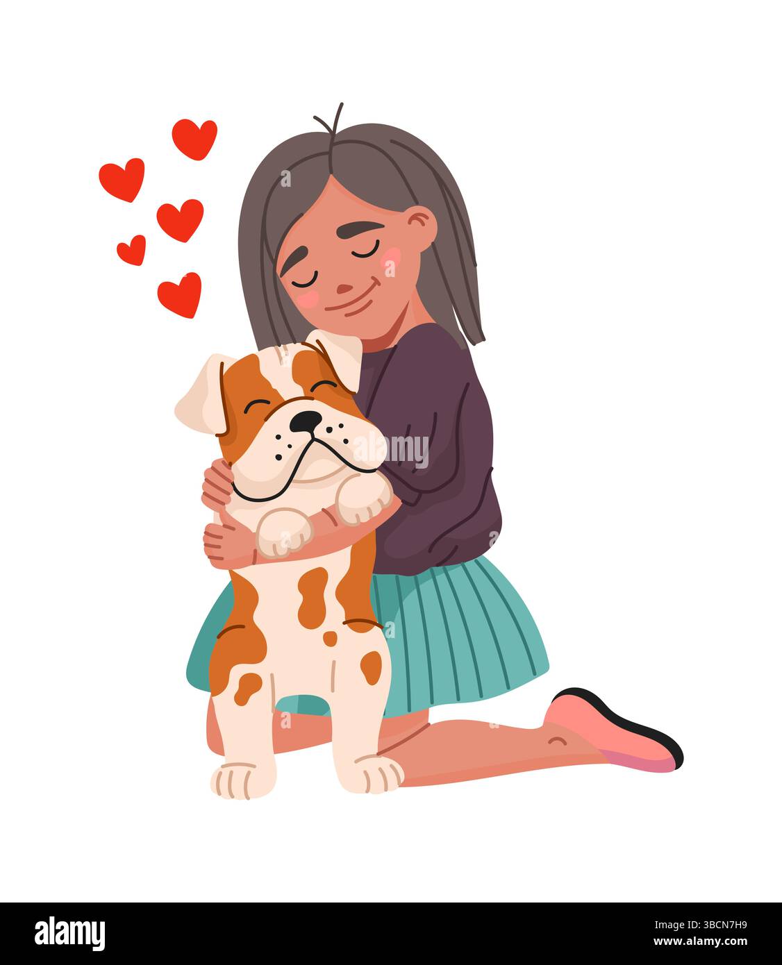 Cartoon girl hugs cute bulldog dog. Vector child with long hair kneels ...