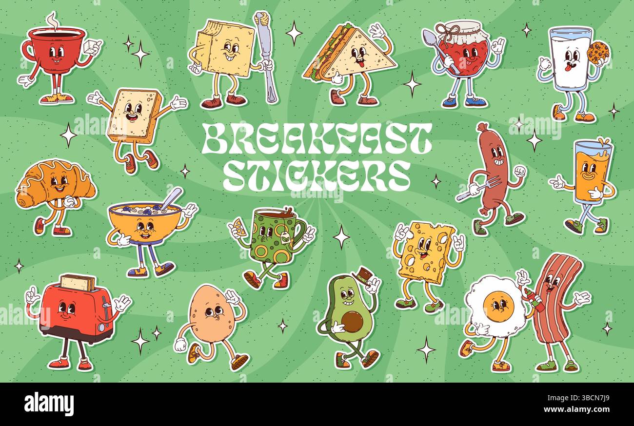 Retro groovy breakfast food dishes and drinks cartoon characters ...