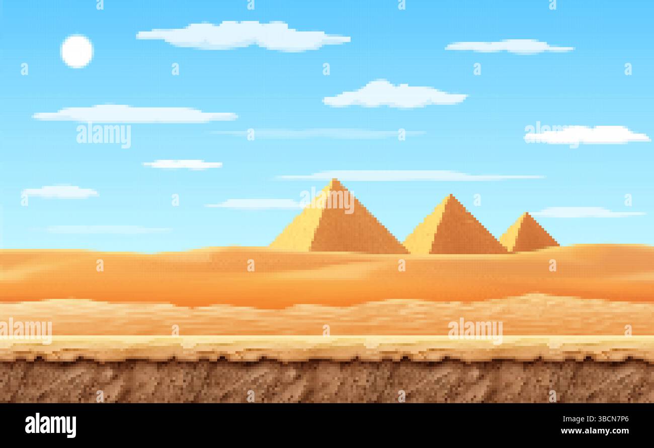 8bit pixel art Egypt pyramids landscape with sand dunes, vector game ...