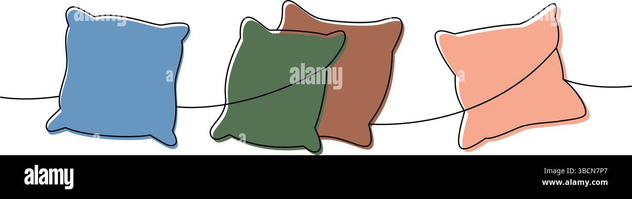 Set of cozy pillows one line colored continuous drawing. Orthopedic ...