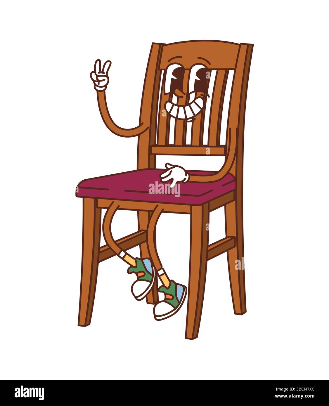 Cartoon wooden chair groovy furniture and interior character with a ...