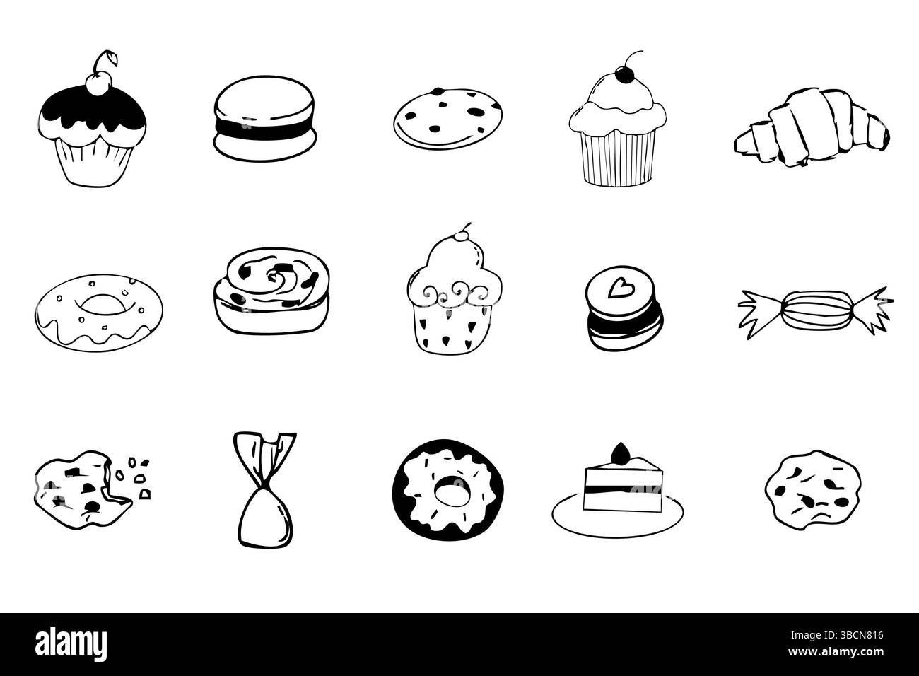Dessert doodle icon set, breakfast bun, donut cupcake and candies ...