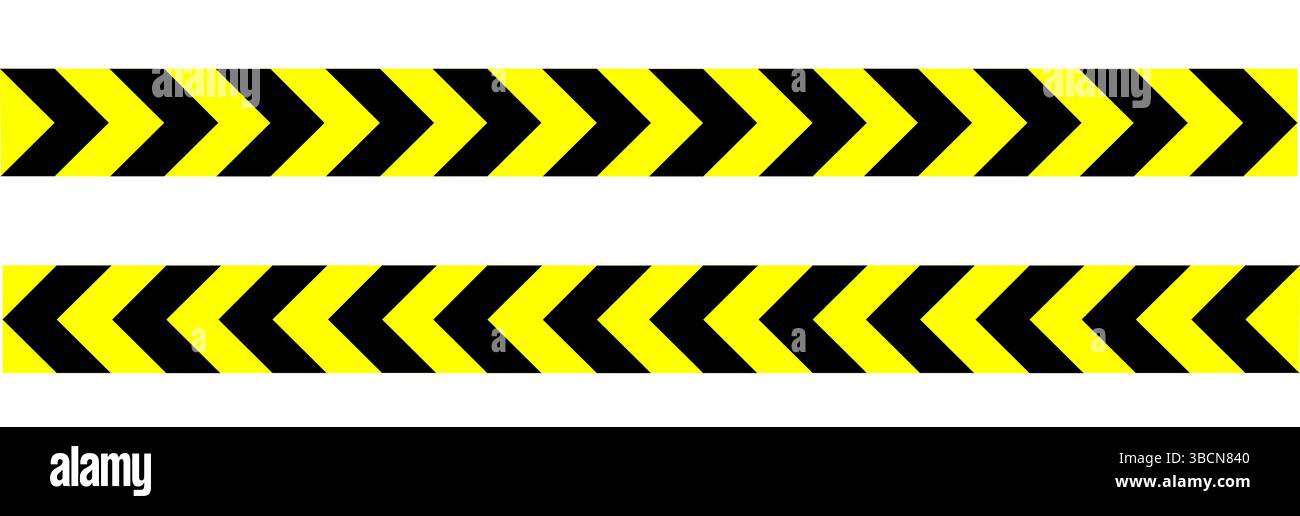 Warning tape with yellow and black diagonal with barricade and arrow ...