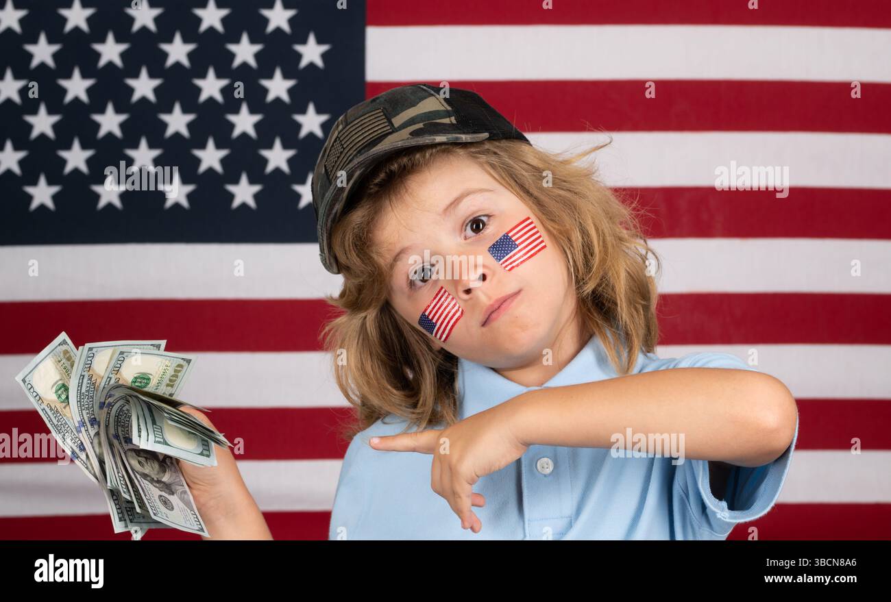 American money. Child with money dollar bills, standing dreamy of rich ...