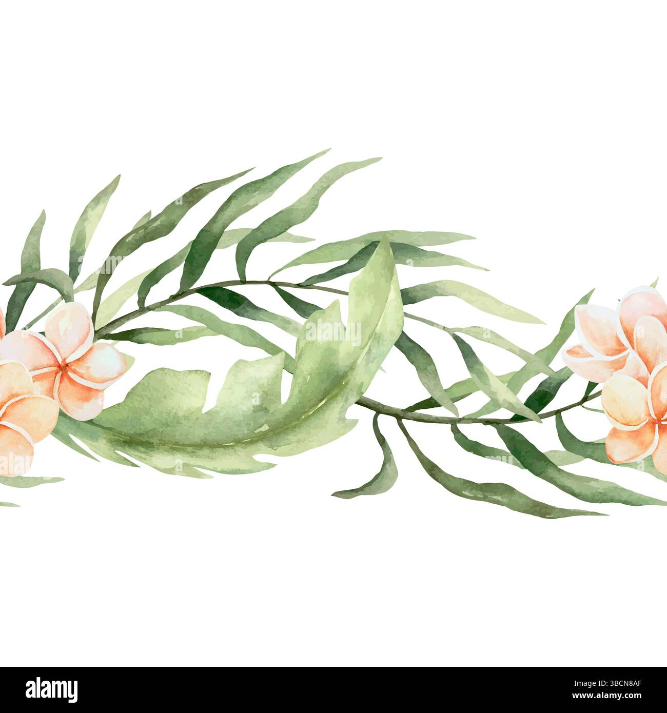 Palm branches and plumeria flowers seamless border, watercolor. Hand ...