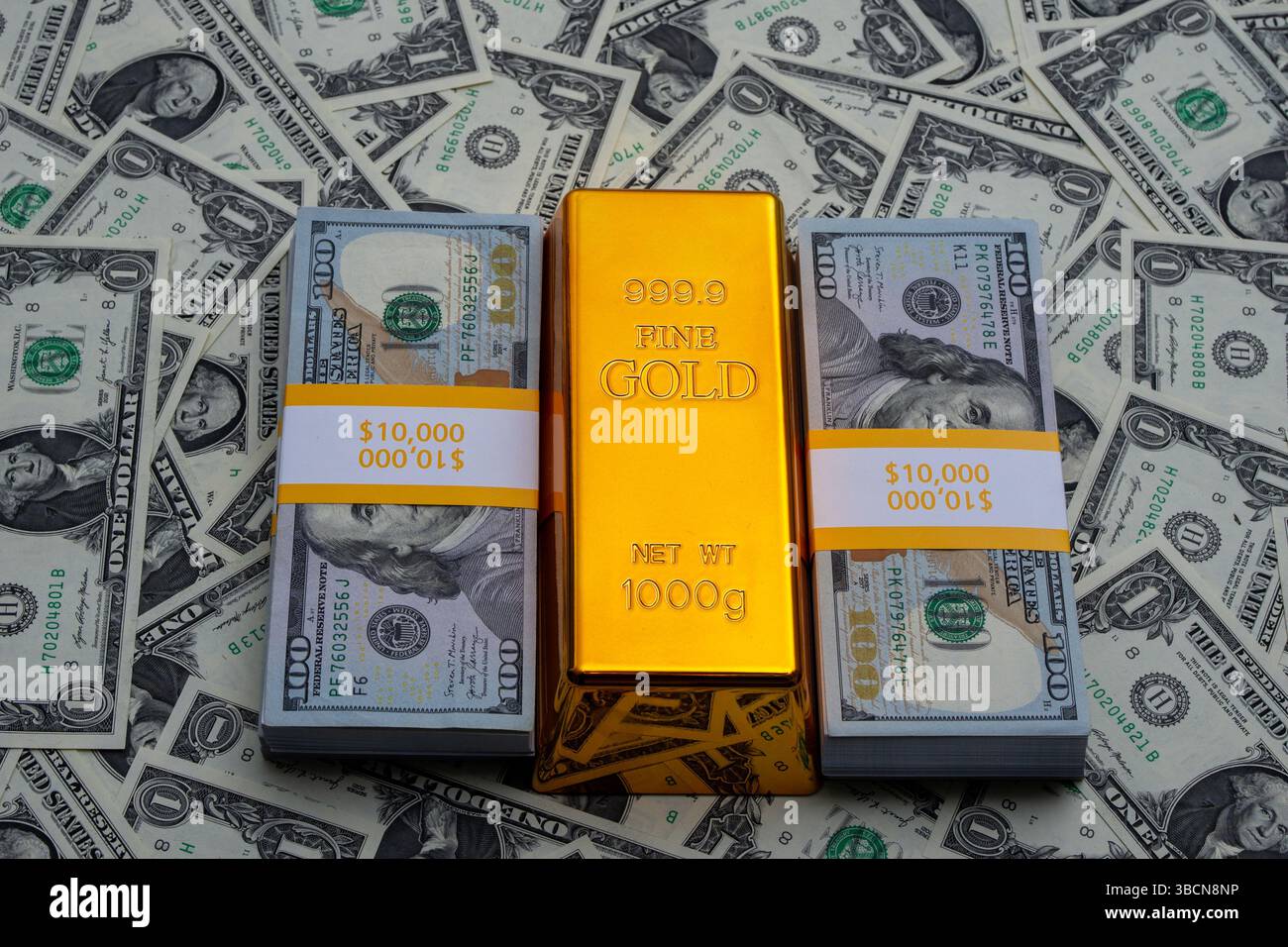 Gold bars. Dollar bills with gold bars. Cash money. Finance and banking ...