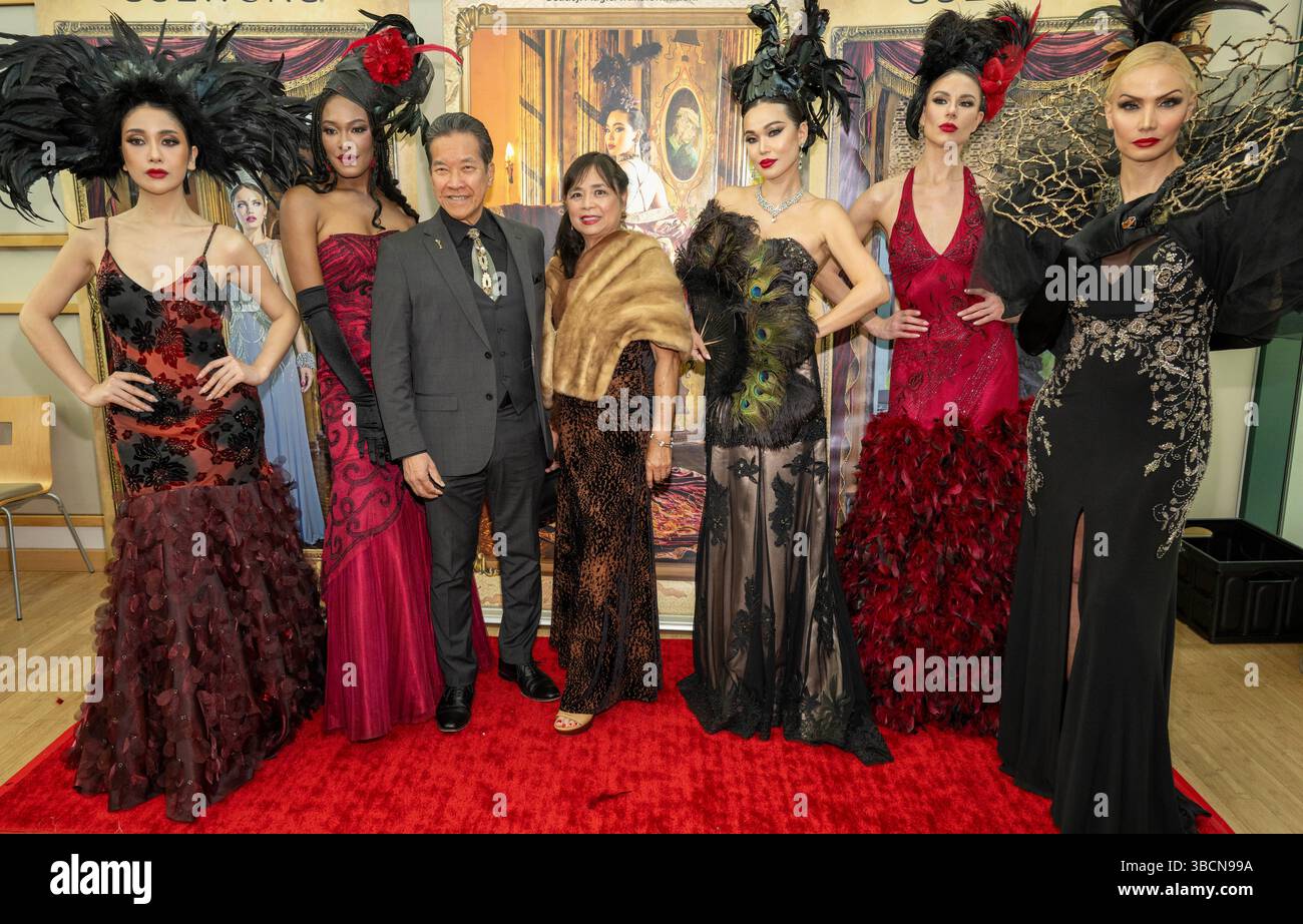 Actor Peter Kwong, Doctor Debbie Wong with Models attend Sue Wong ...
