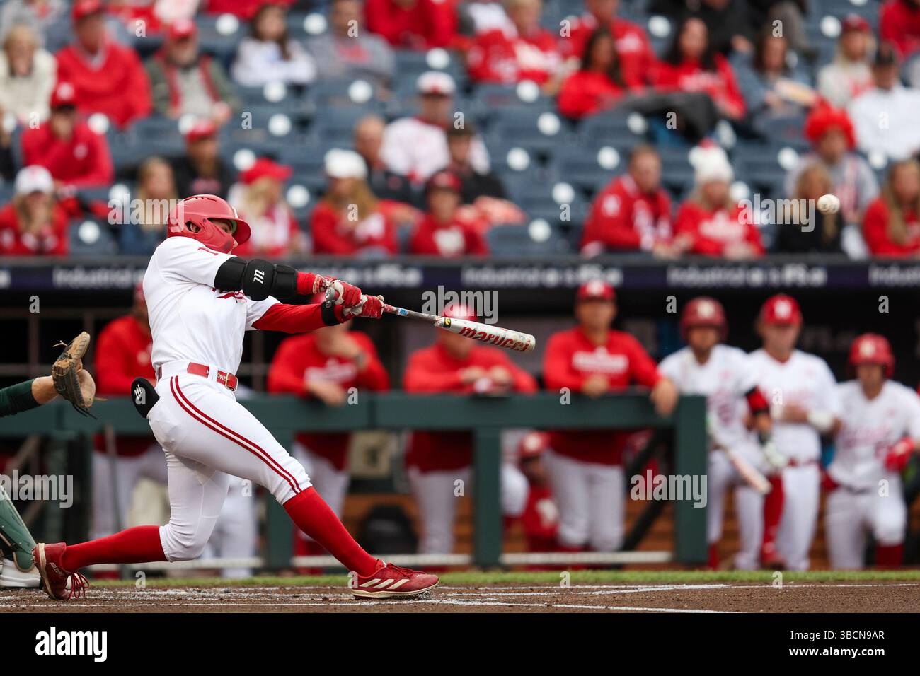 Nebraska's Riley Silva (1) connects during the first inning a Big Ten Baseball tournament game ...