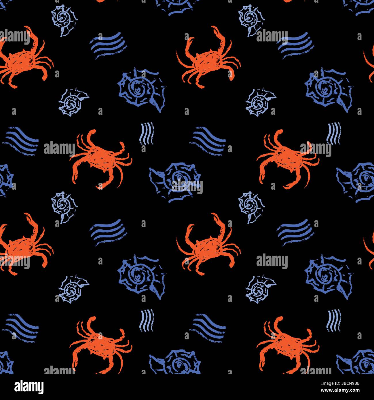 Seamless pattern marine ornament with crabs, shell and waves on white ...