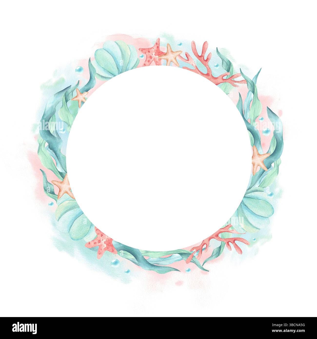 Circle frame algae, seaweed, seashell, corals on mint pink watercolor ...