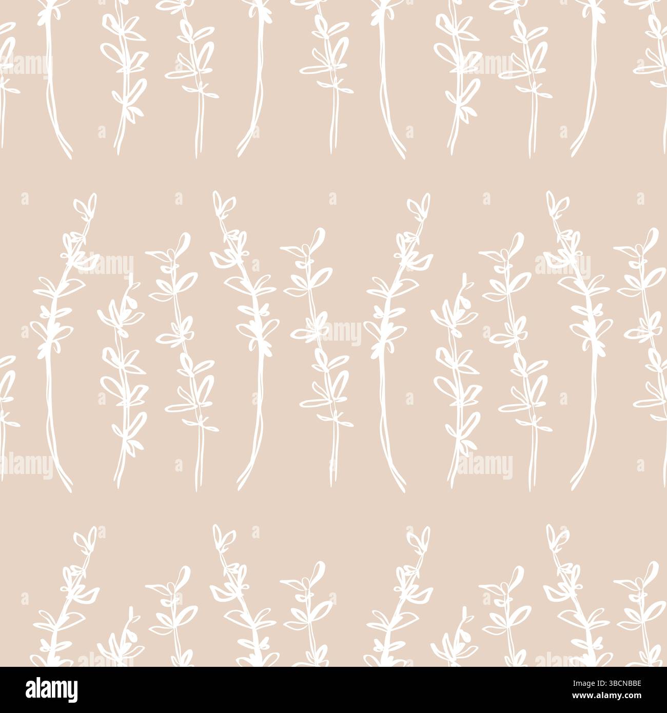 Seamless striped herb pattern with white rosemary twigs on beige ...