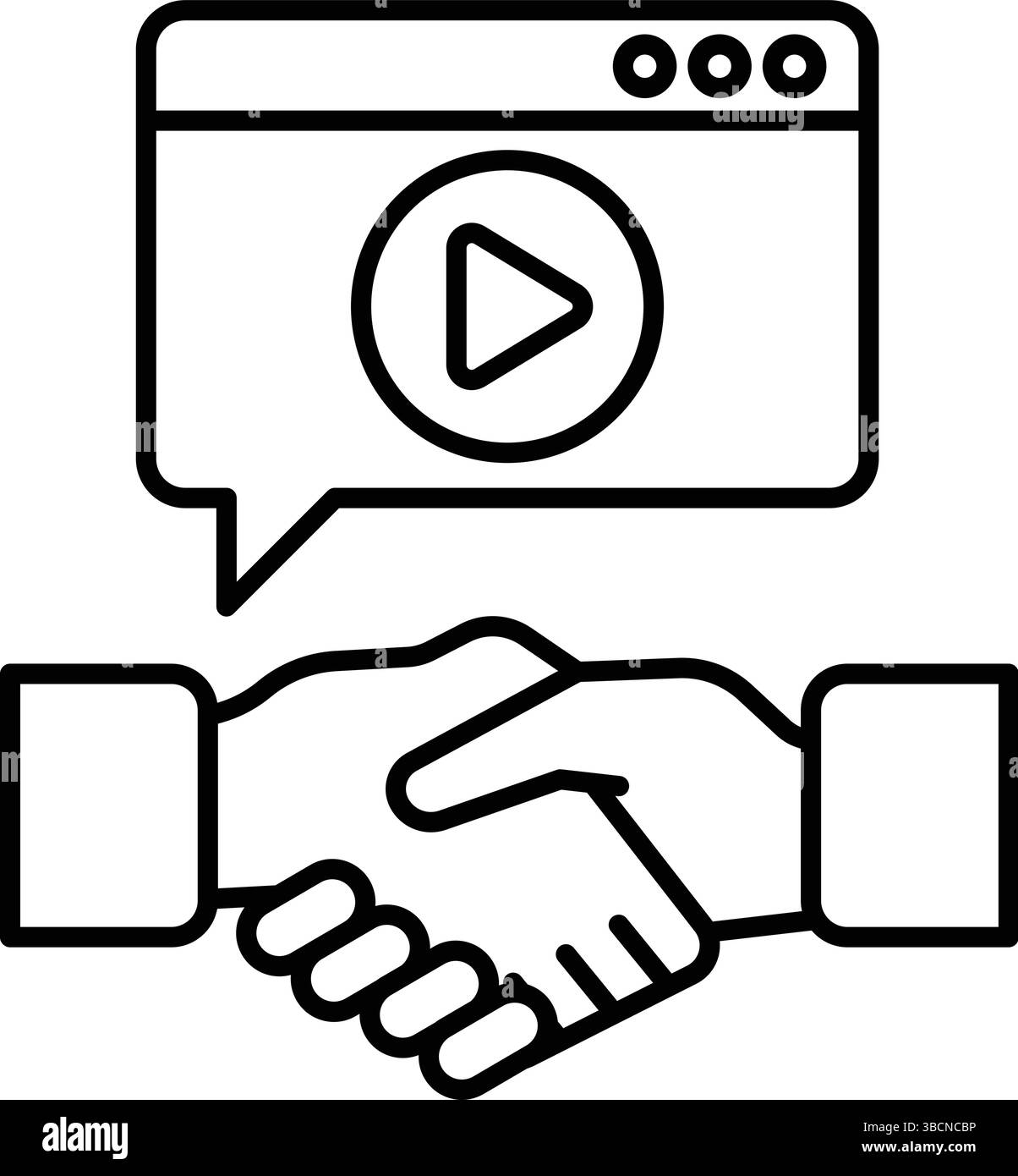 Two people shaking hands with a video player in the background playing ...