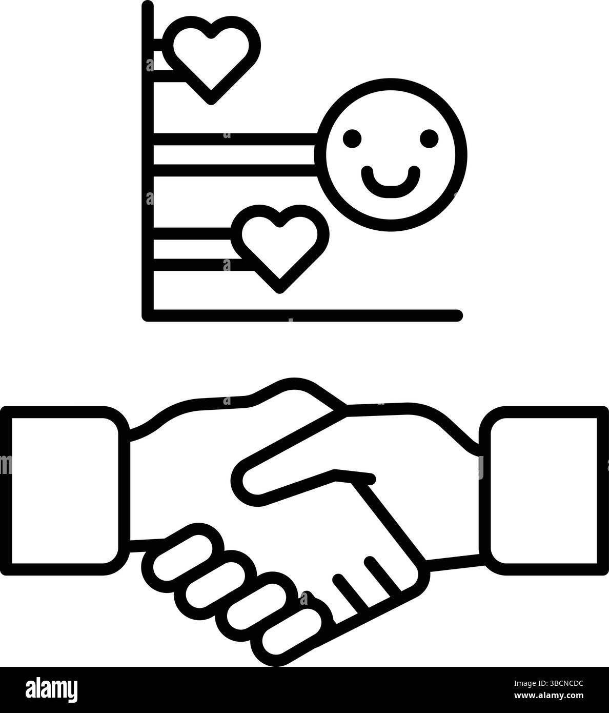 A smiling face with a heart on it is next to a handshake. Concept of a ...