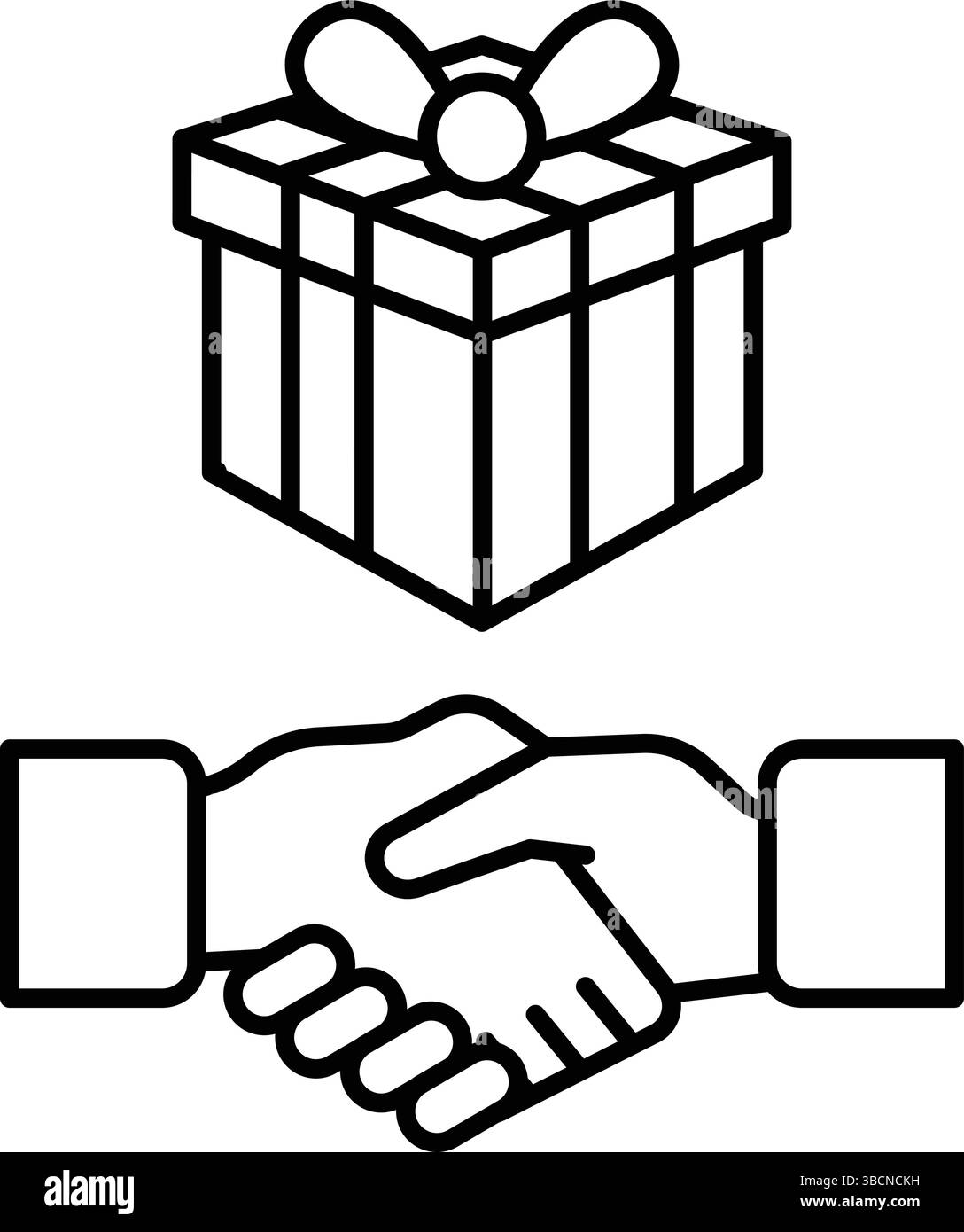 A black and white image of two hands shaking with a gift box in the ...