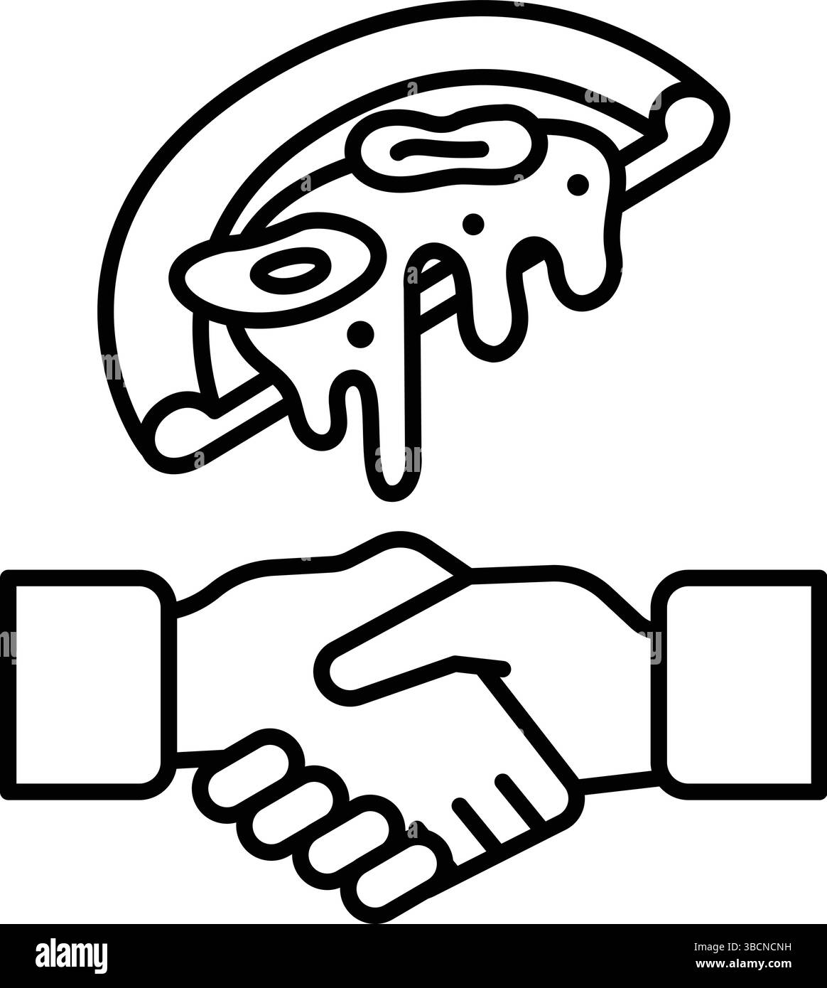 A pizza slice is falling on a hand that is shaking hands with another ...