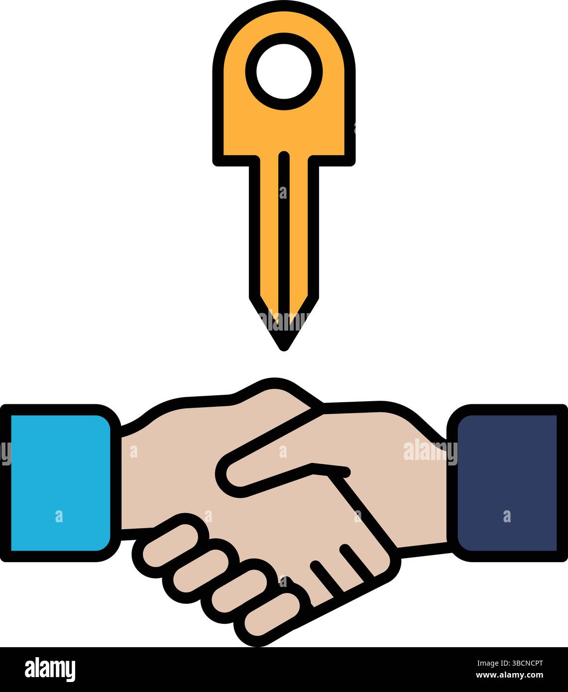 A key is shown between two hands, symbolizing a handshake. Concept of ...