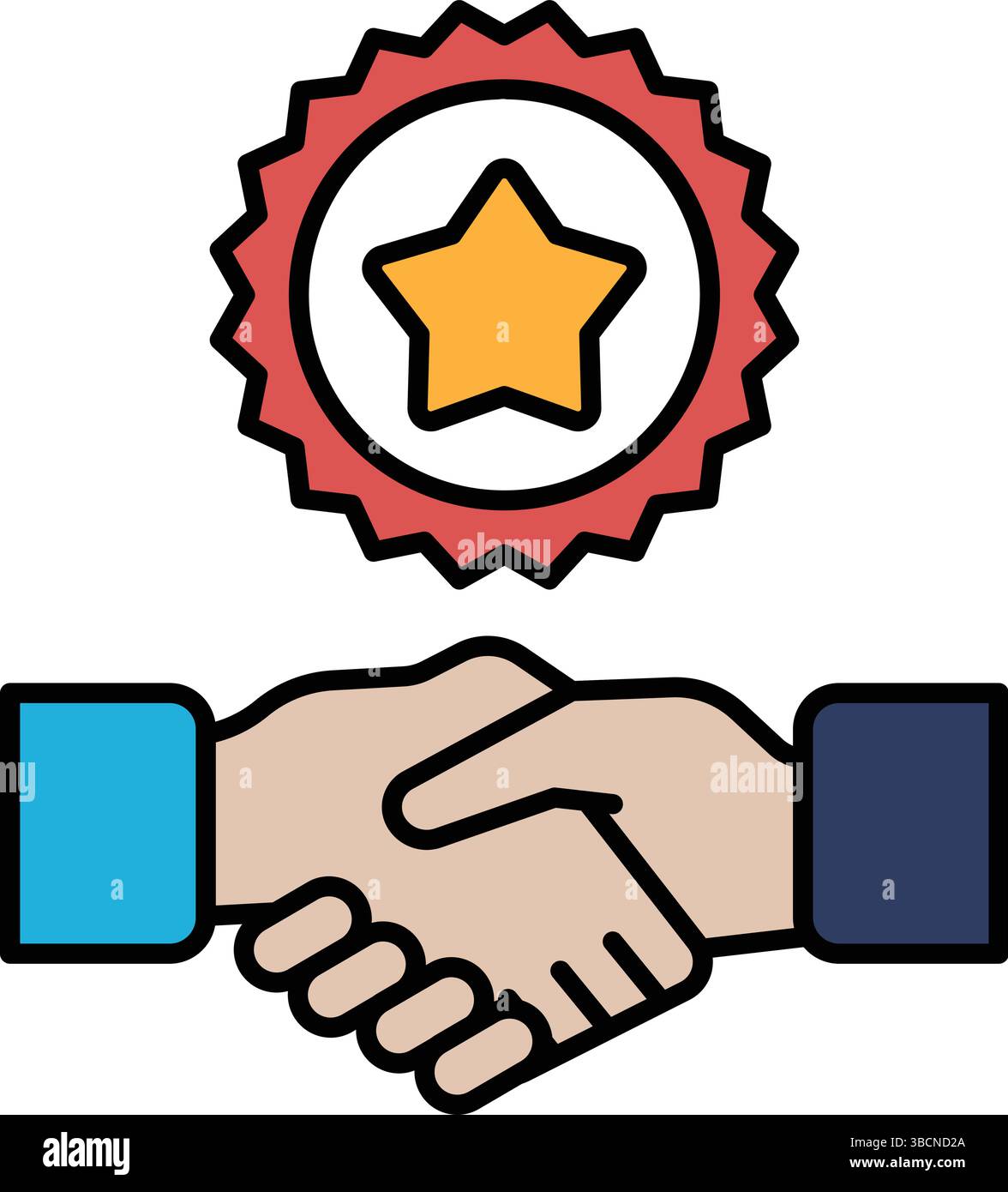 A hand shaking a hand with a star on it. The star is red and yellow ...