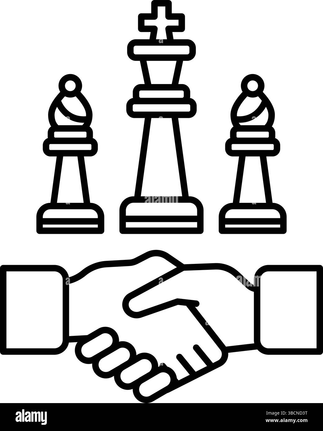 A black and white image of three chess pieces with a hand in between ...