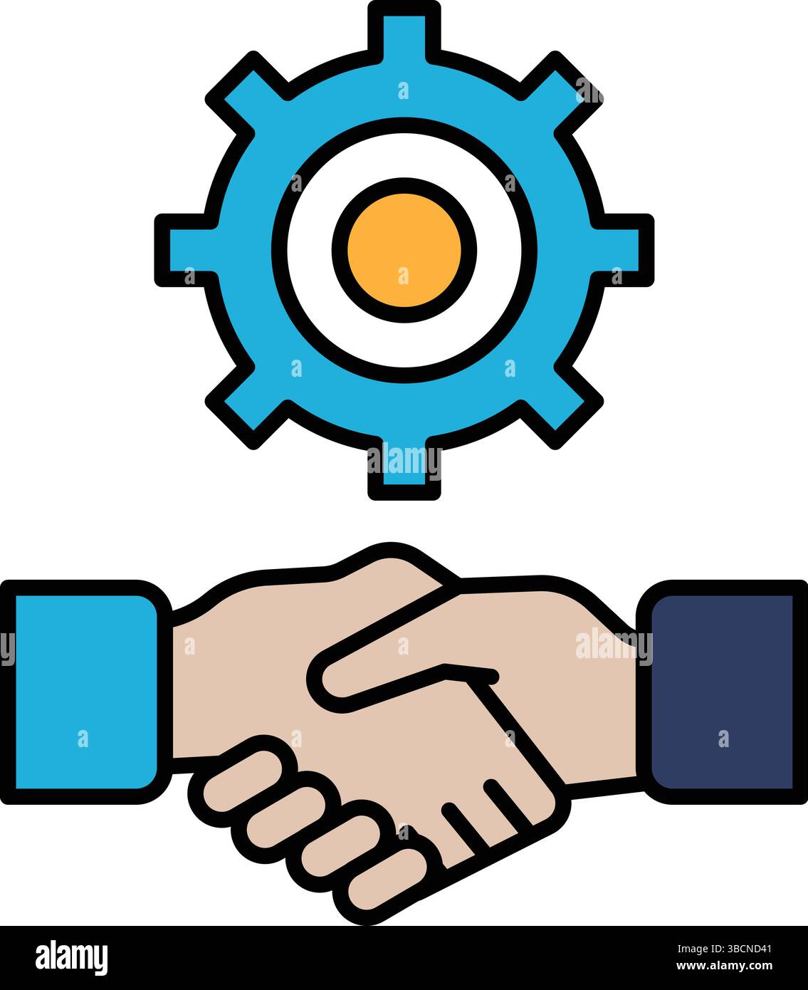 A blue and orange gear with a handshake symbol in the middle. The gear ...
