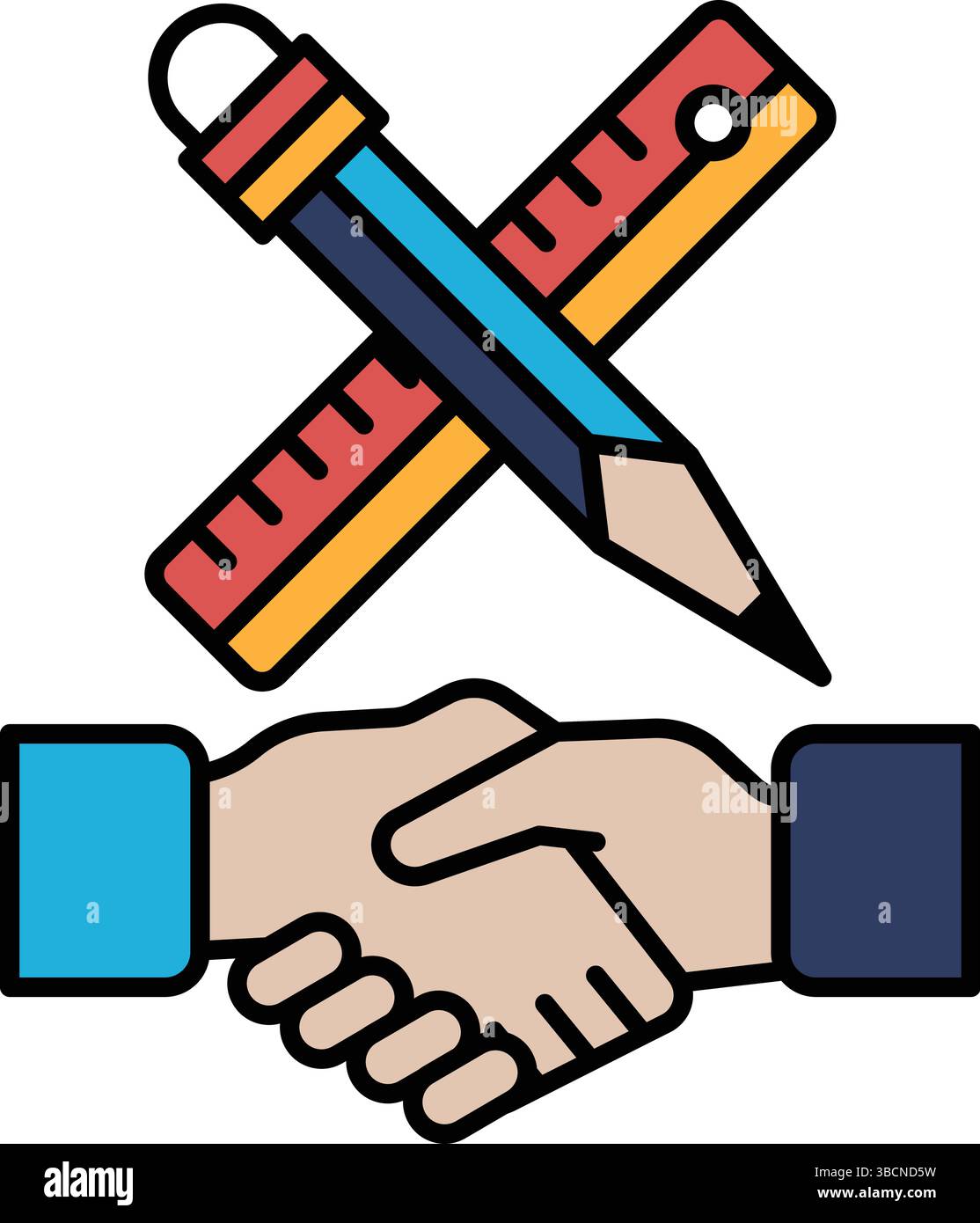 A pencil and a ruler are shown in a handshake. The pencil and ruler are symbols of education and ...