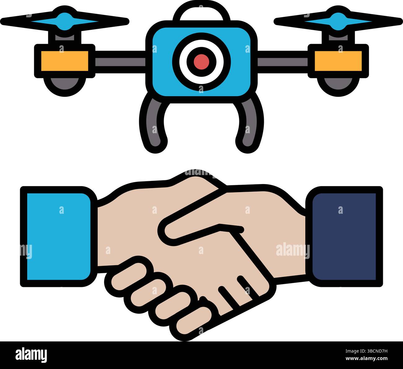 A blue and yellow drone is shown with a handshake between two people ...