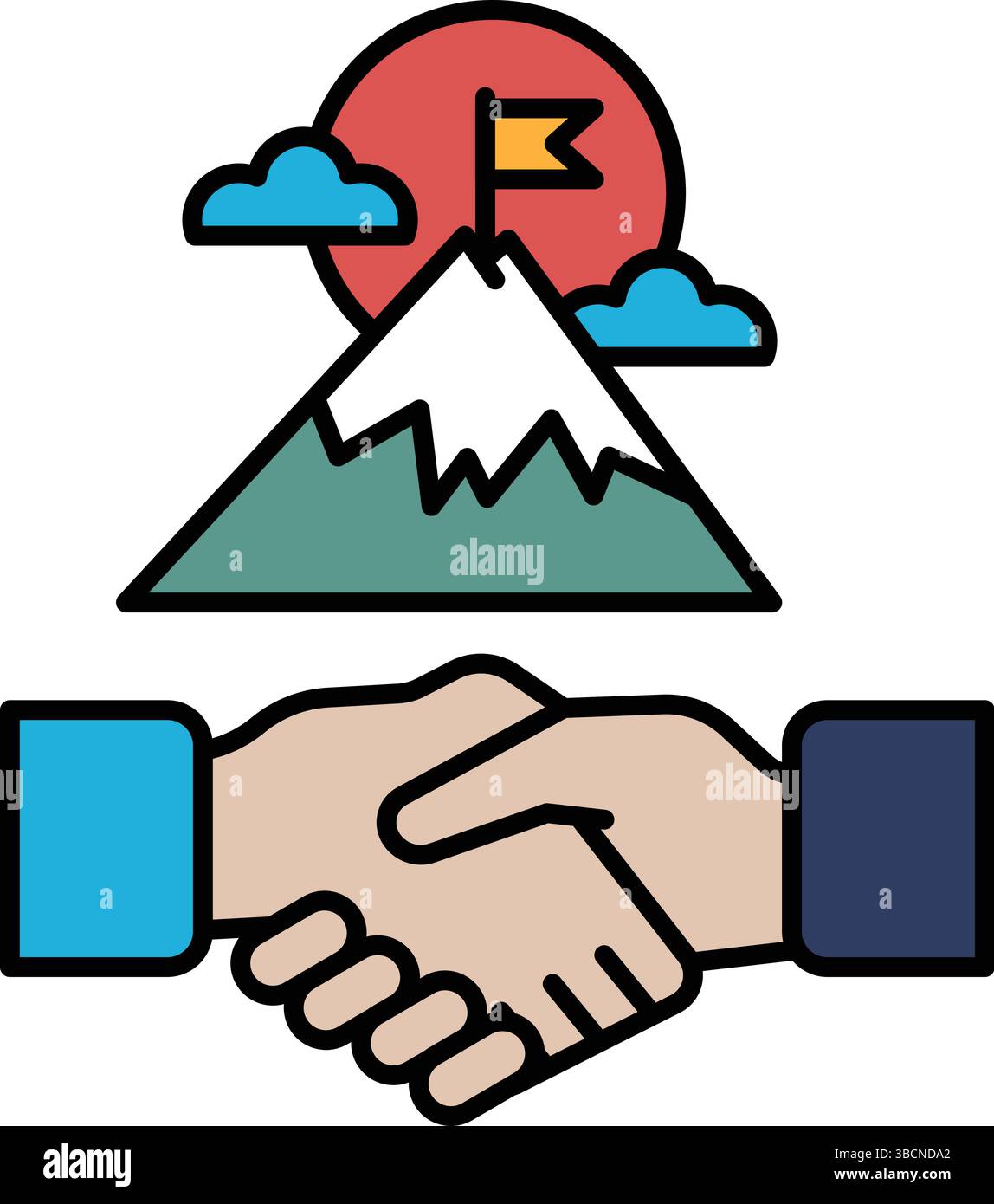 A mountain with a flag on top and two hands shaking. Concept of ...