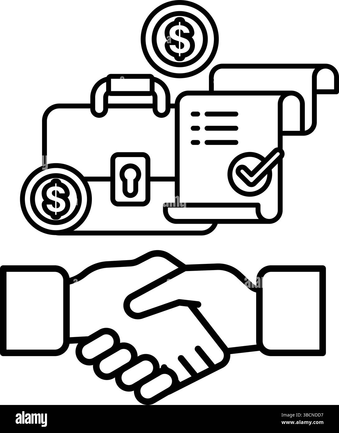 A man shaking hands with a woman with a briefcase and a piece of paper ...
