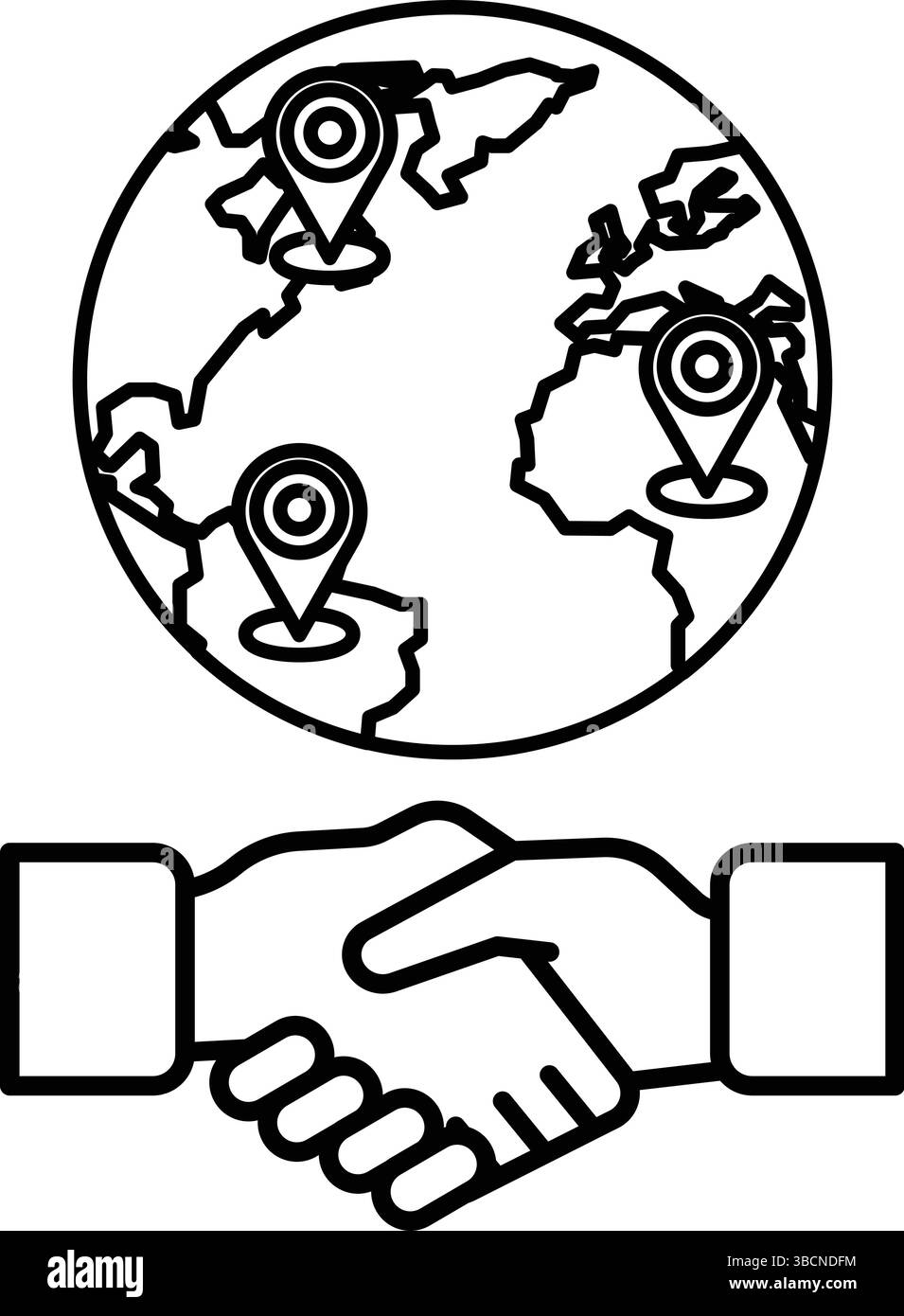A handshake between two people is shown with a globe in the background ...