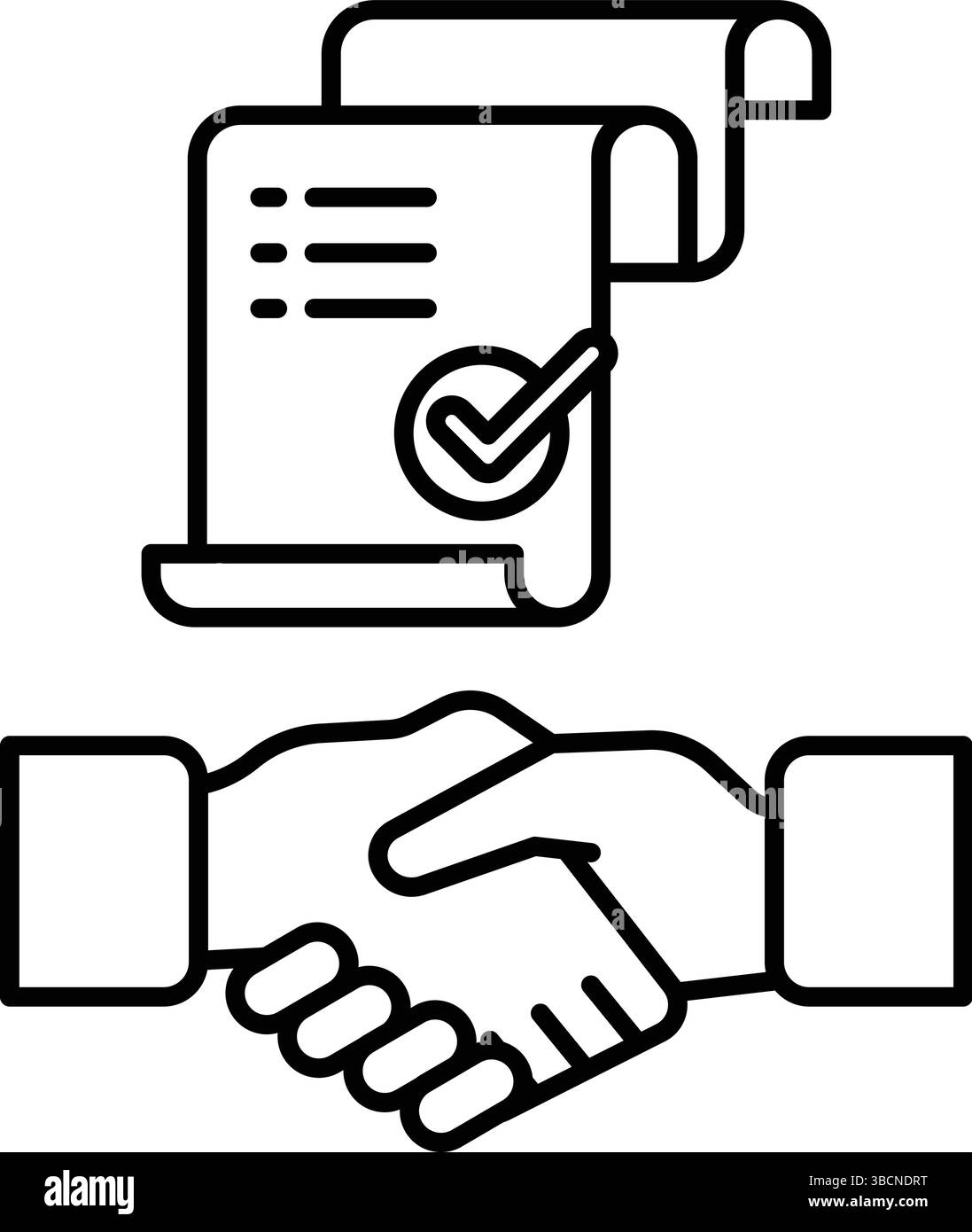 A handshake between two people is shown with a check mark on a piece of ...