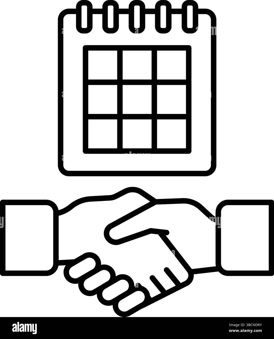 A handshake between two people is shown with a calendar in the ...