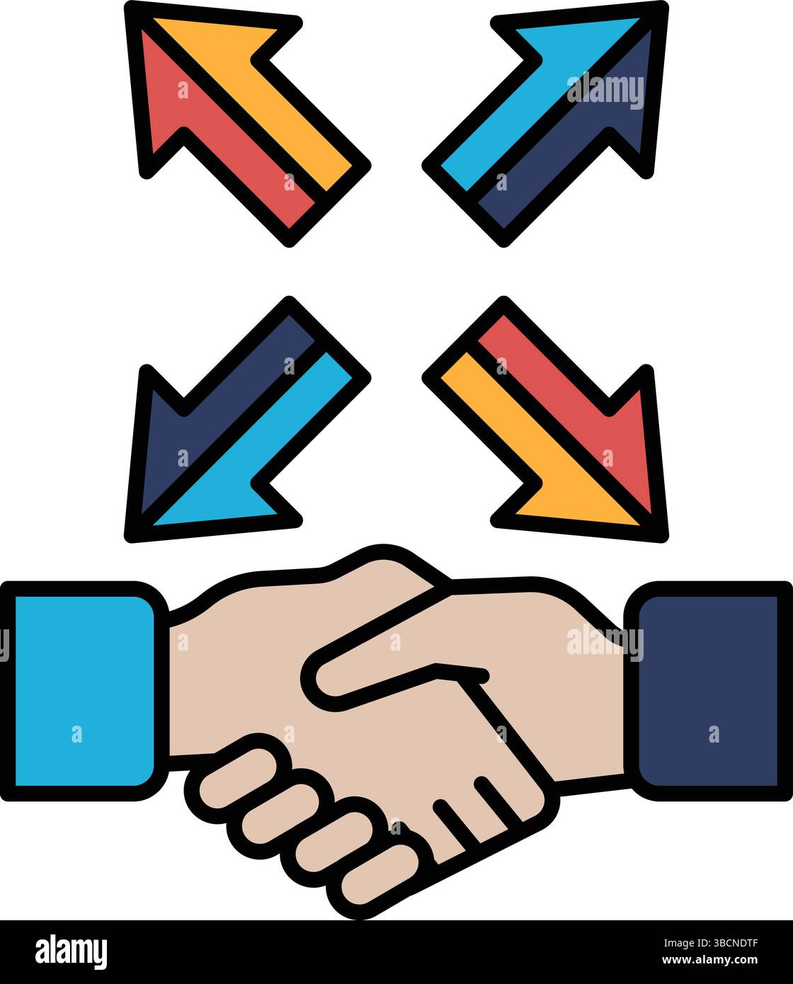 A hand shaking another hand with a blue arrow pointing to the right ...