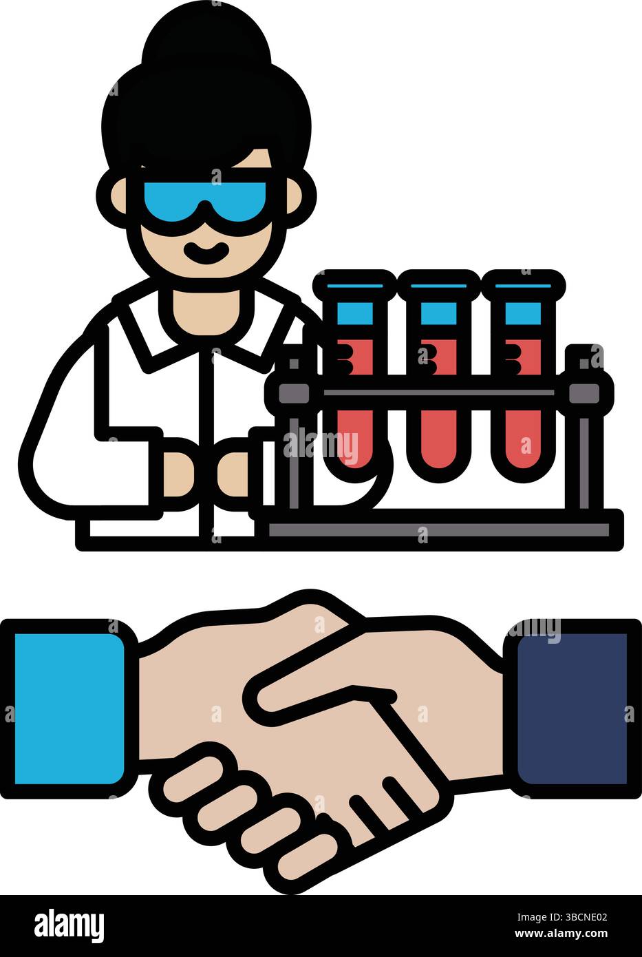 A woman in a lab coat is shaking hands with another person. Concept of ...