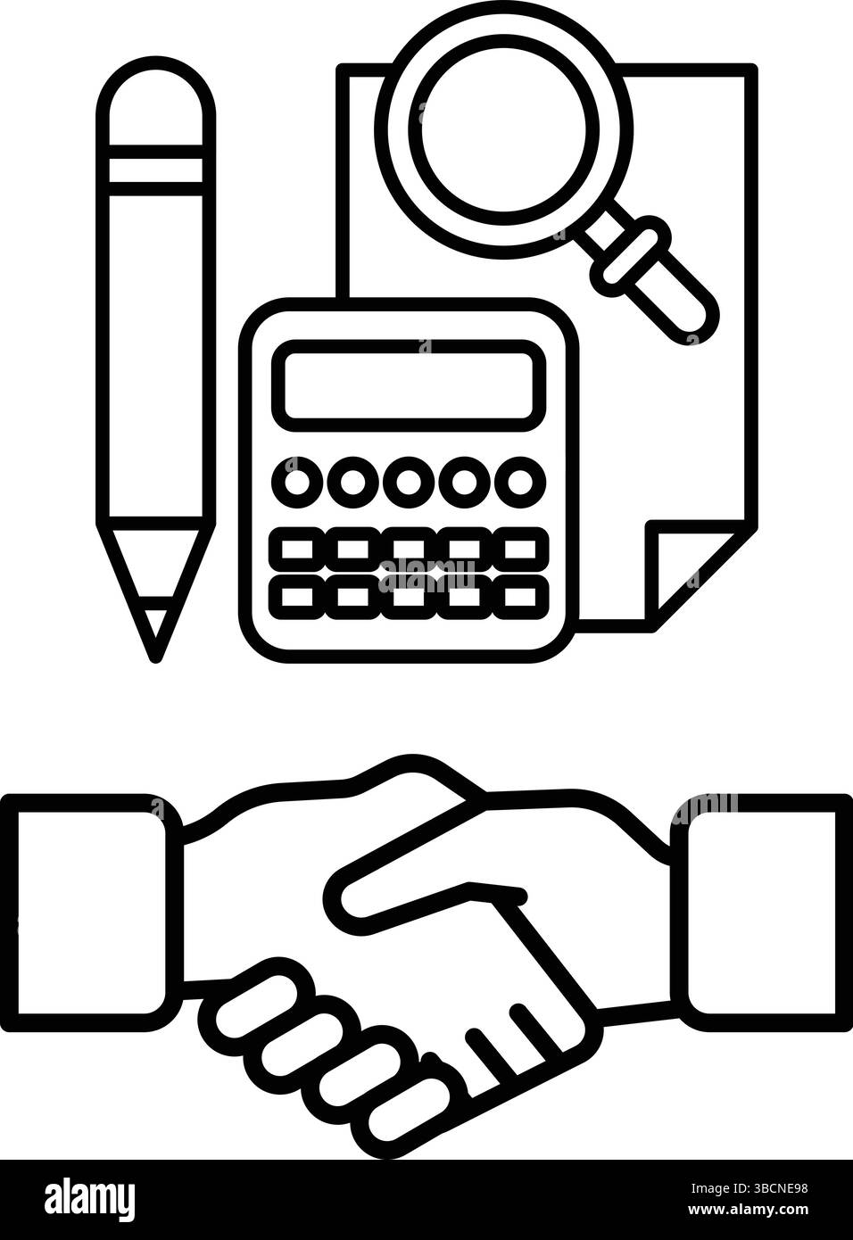 A black and white drawing of a handshake with a calculator and a pen ...