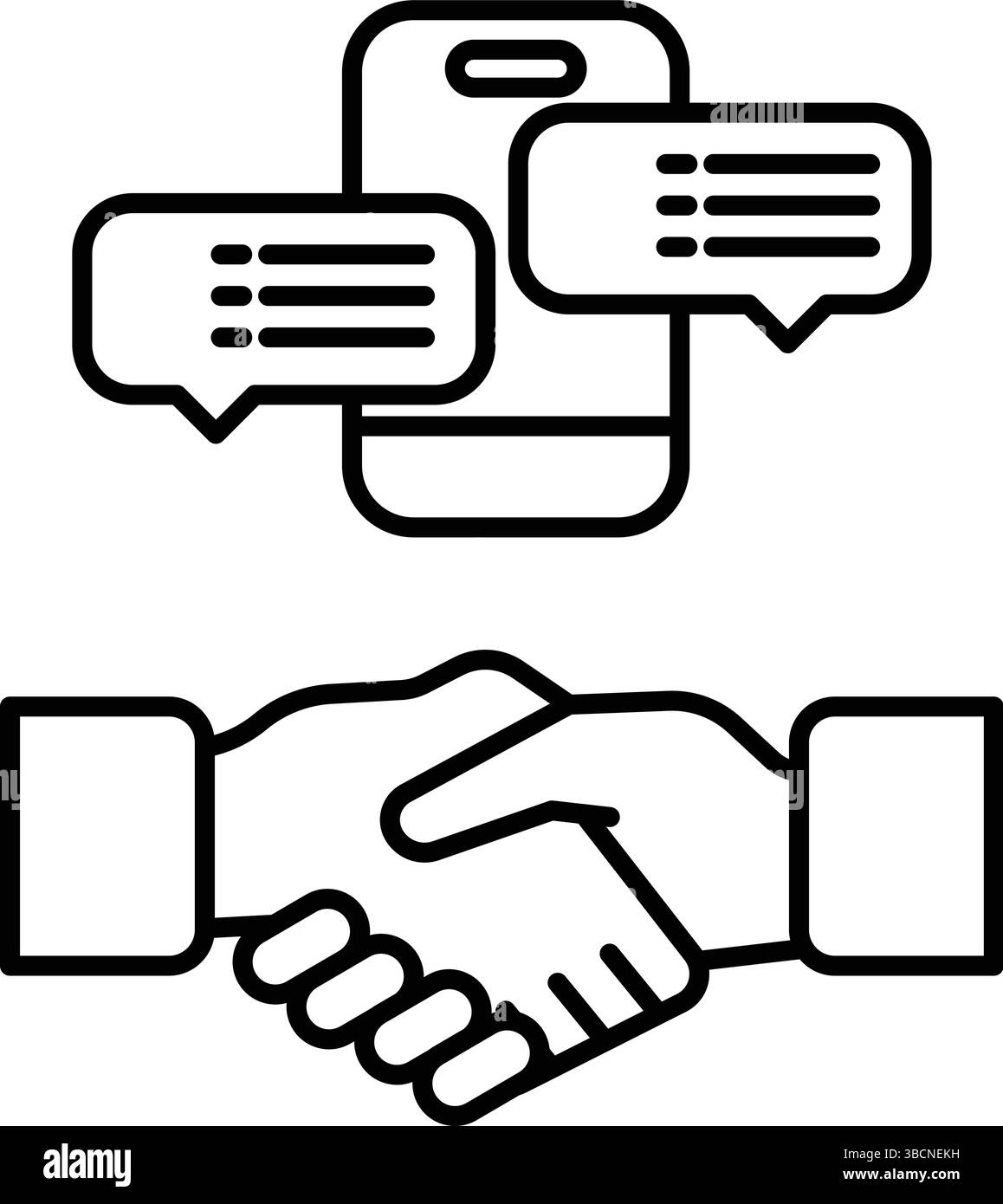 A handshake between two people is shown next to a cell phone. Concept ...