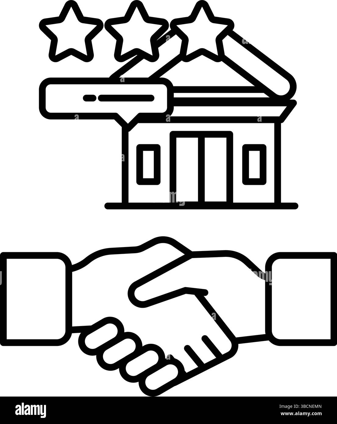 A handshake between two people is shown with a building in the ...