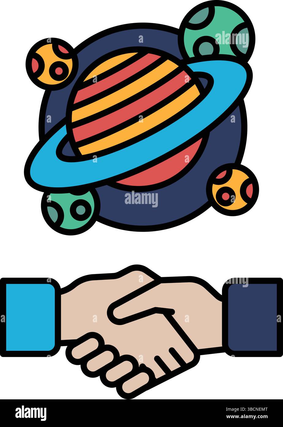 A hand shaking a hand next to a colorful planet. The planet is ...