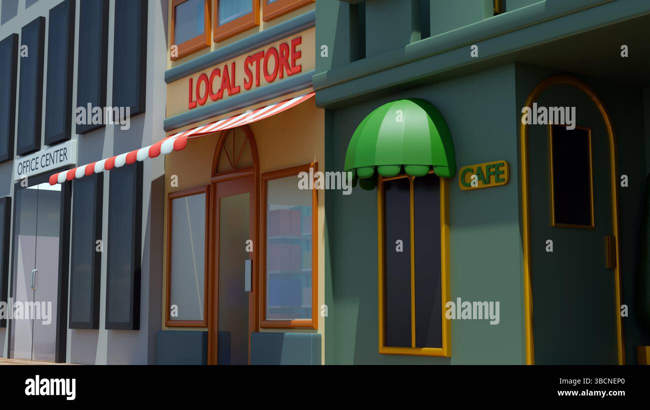 A 3d rendering of street-level view of three distinct building facades ...