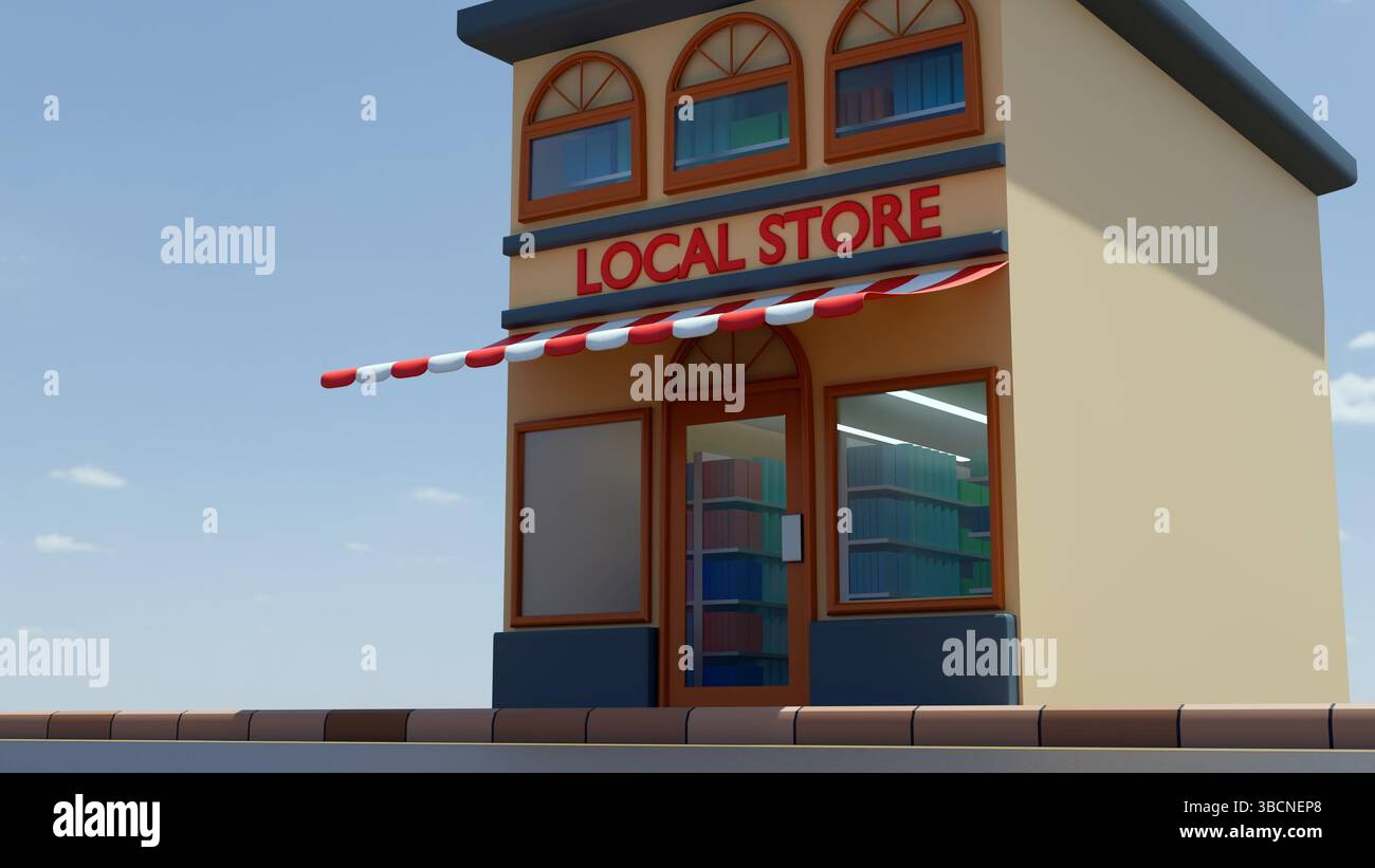 A 3d rendering of two-story "LOCAL STORE" building situated on a paved ...