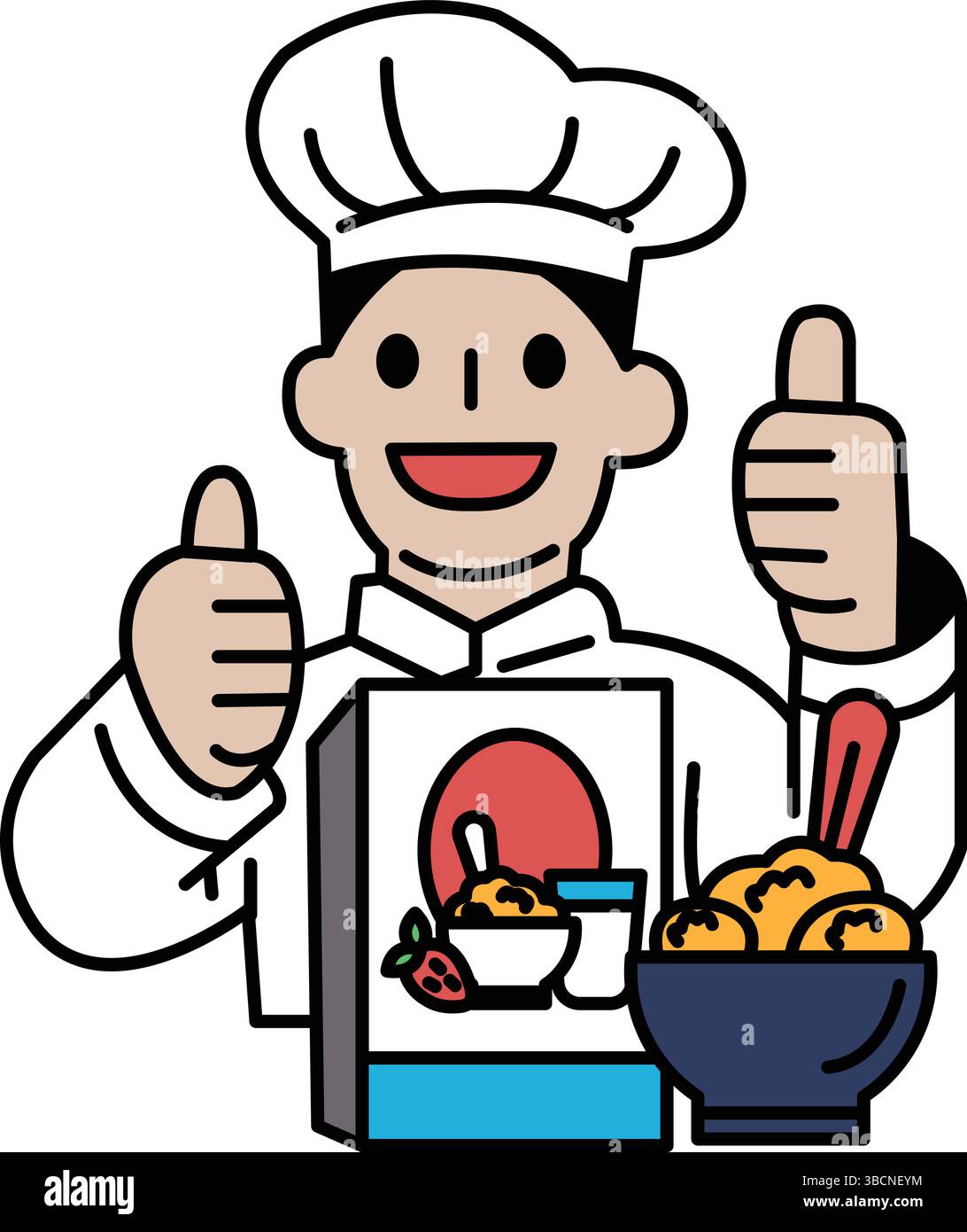 A cartoon chef is giving thumbs up to a box of cereal and a bowl of ...