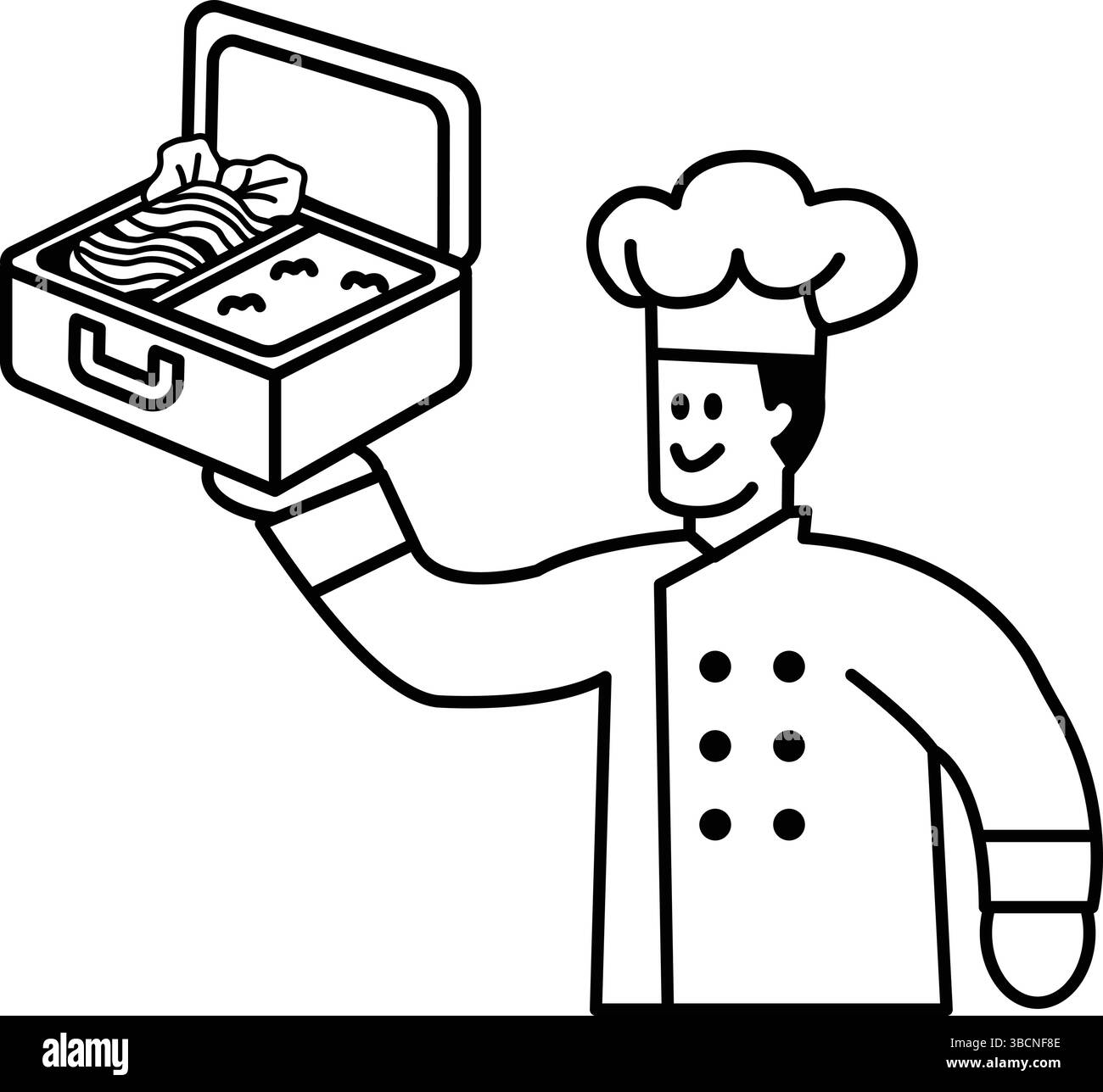 A chef is holding a lunch box with a smiling face on it. The chef is ...